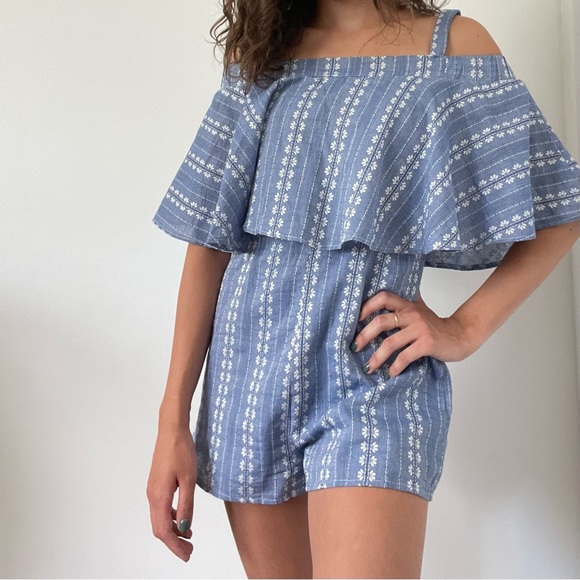 current + project | Pants & Jumpsuits | Current Project White And Blue Romper | Poshmark